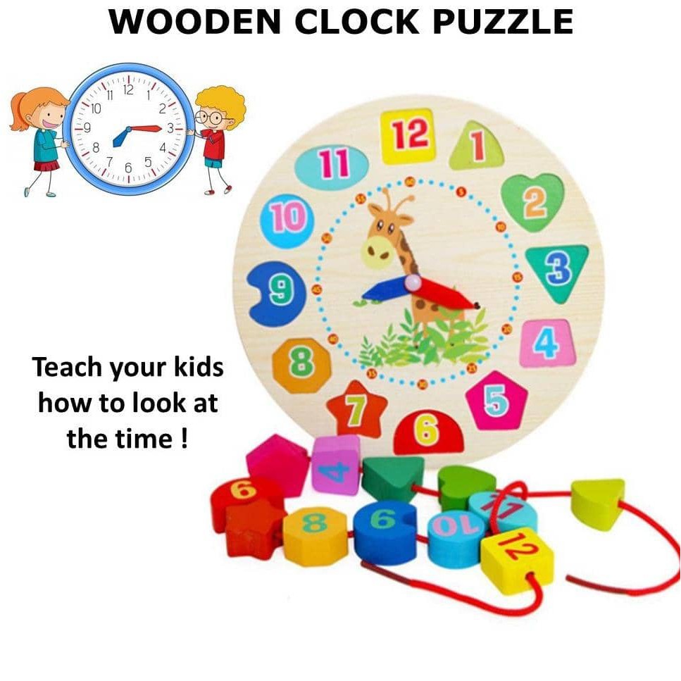 Wooden Clock Shape Colour Sorting Time Number Blocks Puzzle Preschool ...