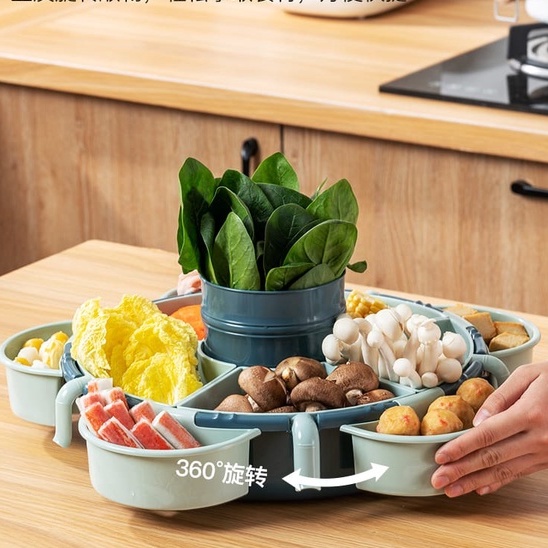 360° Rotatable steamboat hotpot double layer grid storage container ...