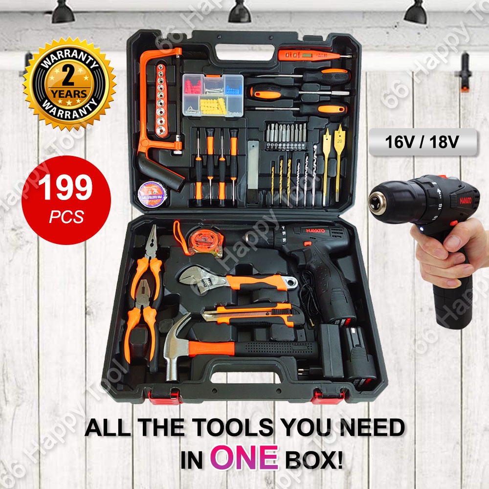 199pcs 16V / 18V 2 Speed Cordless Screw Driver Drill Tool Set with ...