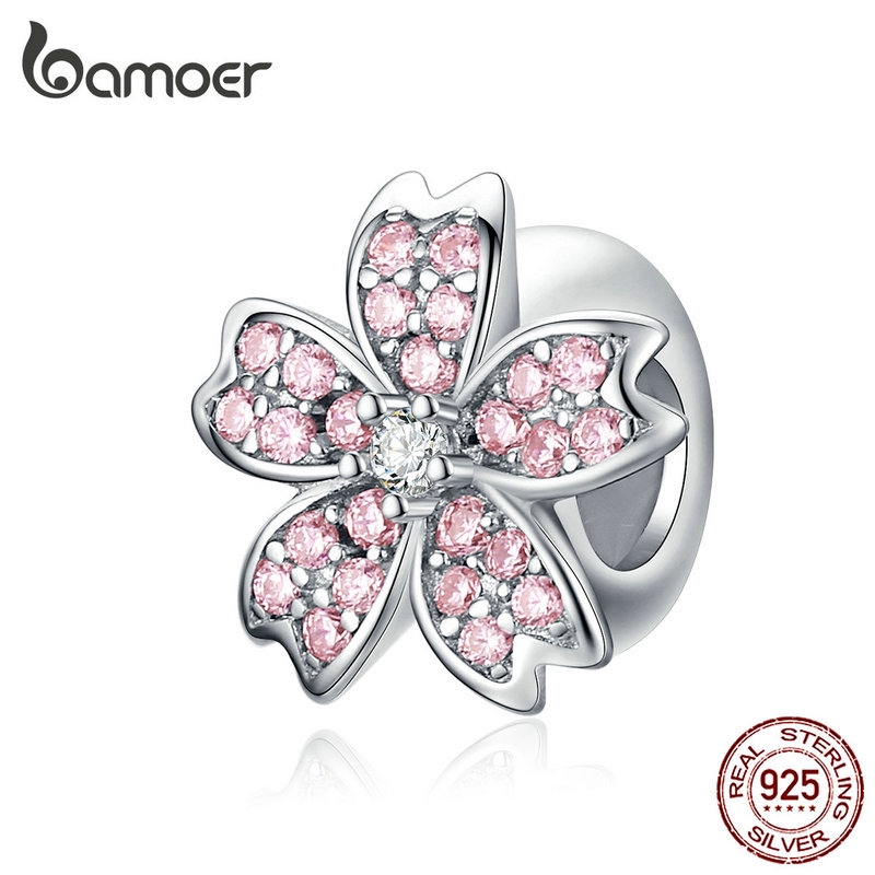 BAMOER 925 Sterling Silver Cherry Blossom Flower Charm Stopper CC1291 ...