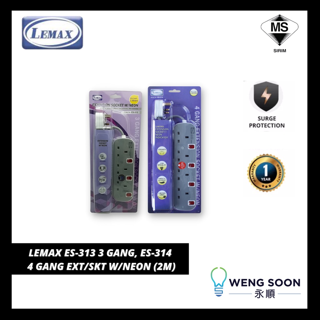 LEMAX ES-313 3 GANG, ES-314 4 GANG EXT/SKT W/NEON, ES-315 5 GANG EXT/SKT W/NEON (2M) | Shopee ...