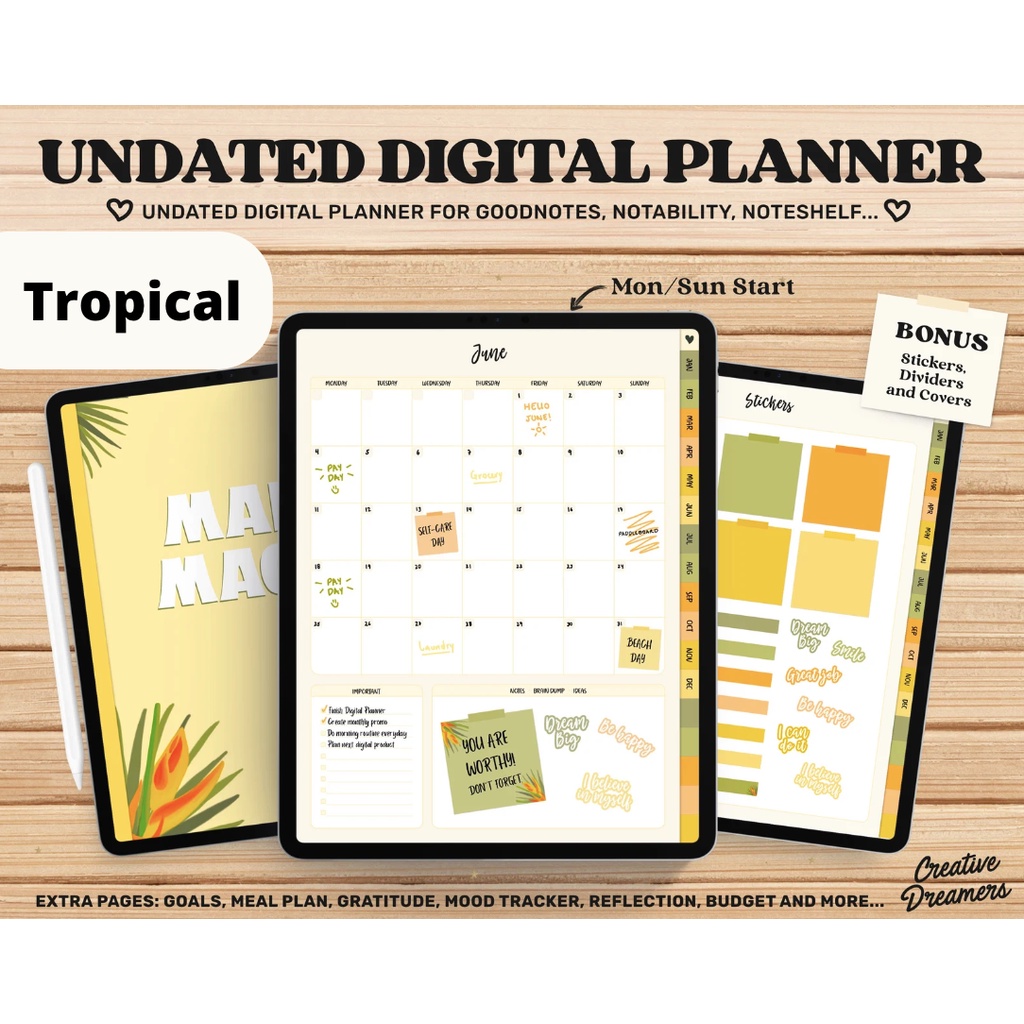 UNDATED Monthly Digital Planner with hyperlinked tabs for Goodnotes ...