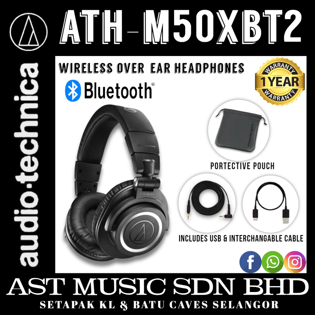 Audio Technica ATH-M50xBT2 Bluetooth Closed-back Studio Monitoring Headphones ( ATH M50XBT2 ...
