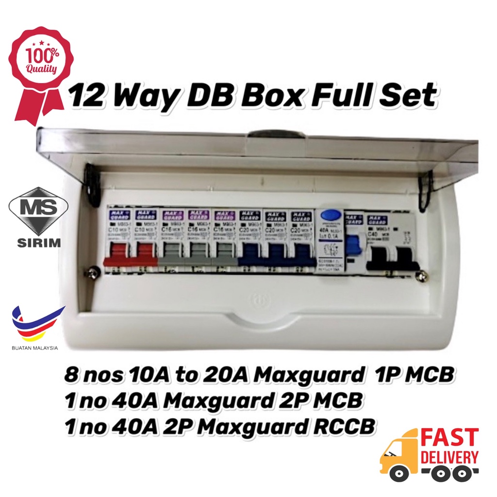 DB Box 12 way (Full Set) Maxguard 1P MCB 10A -20A Distribution board ...