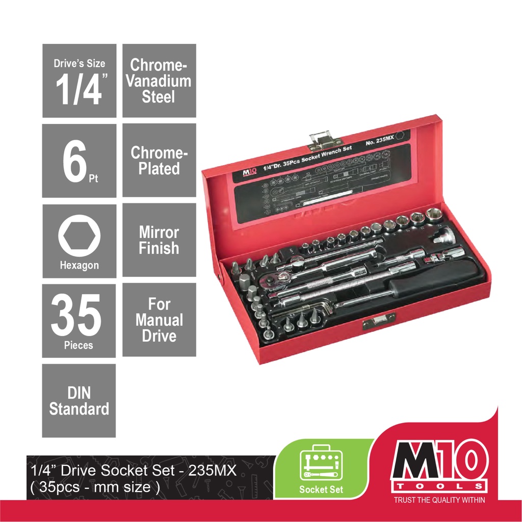 M10 1/4" Drive Socket Set - 6pt ( 35pcs - mm ) 235MX | Shopee Malaysia