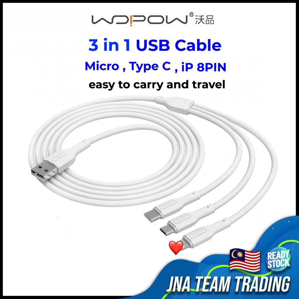 WOPOW 3 in 1 Fast Charging Data Cable USB to Micro Type C And iP 8pin ...