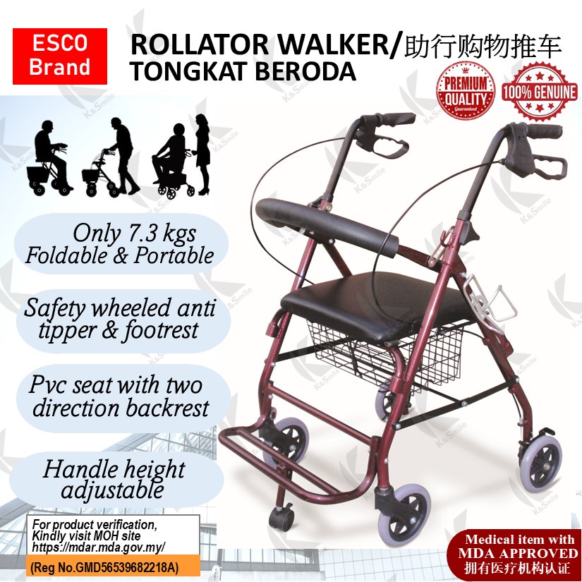 Esco Rollator Walker with seat & footrest(7.3kg)/Tongkat beroda/助行器 ...