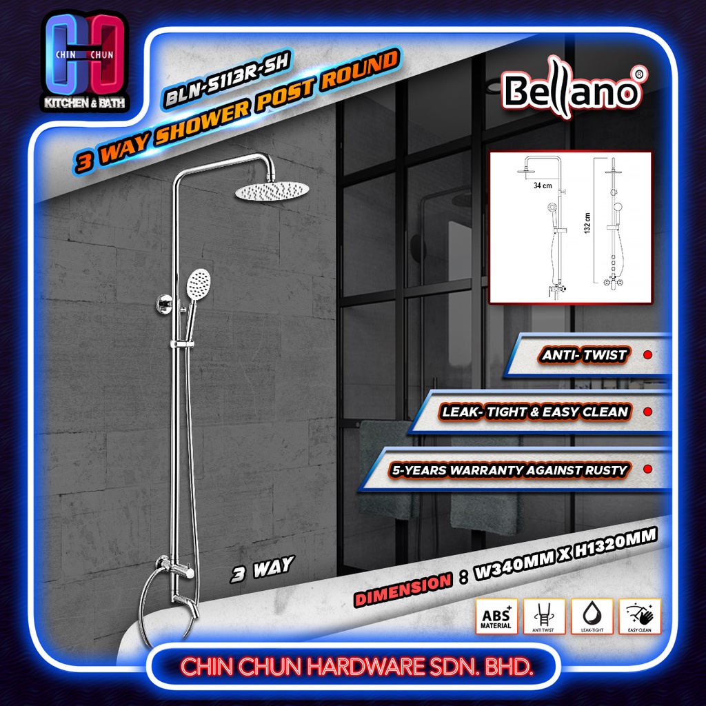 BELLANO STAINLESS STEEL SHOWER POST 8" ROUND OR SQUARE 3-WAY SHOWER ...
