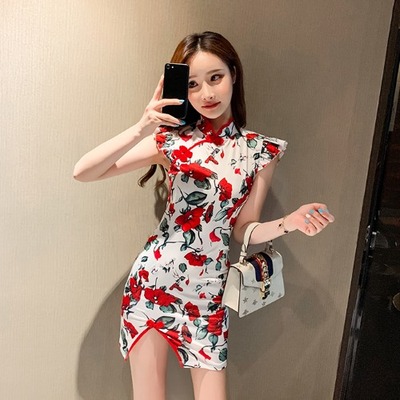 Traditional Clothing Pretty Sexy Bright Red Flower Cheongsam | Shopee ...