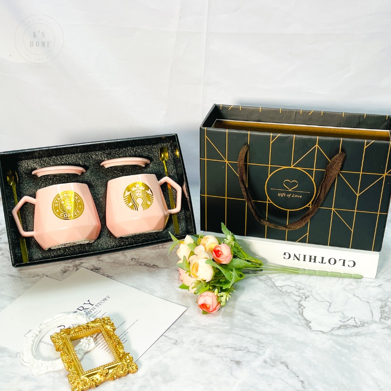 High Quality Starbucks Ceramic 2 Mug Lids Cup Gift Box Set Steel Spoon ...