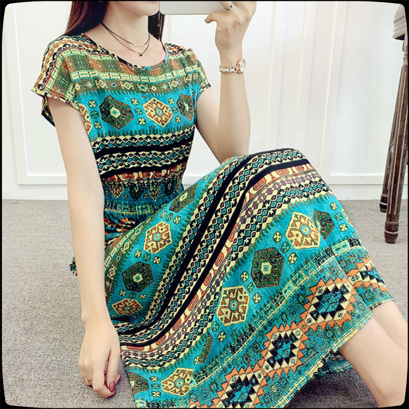 Pakaian Bohemian Printed Cotton Beach Dress Gaun | Shopee Malaysia