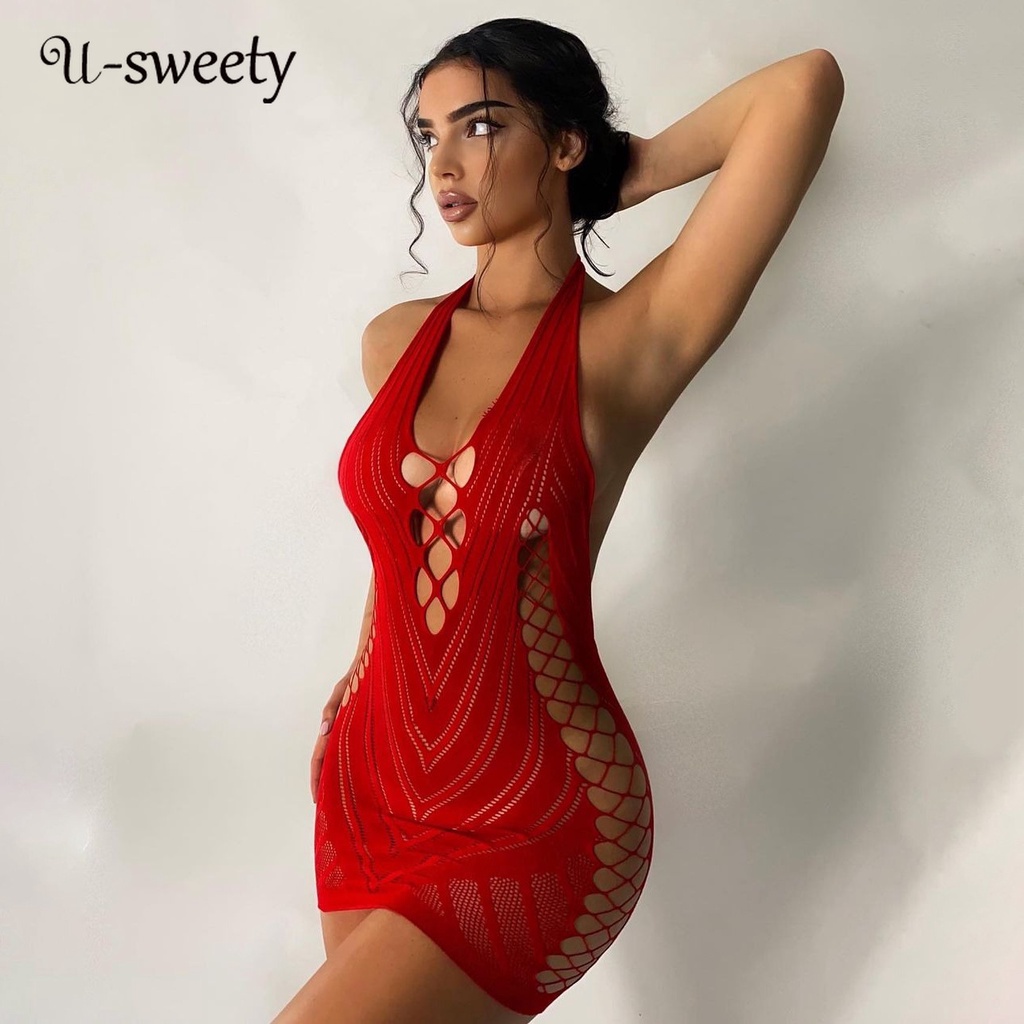 U Sweety Womens Sexy And Interesting Mesh Clothes Halter Neck Open Back Mesh Gauze Bag Hip