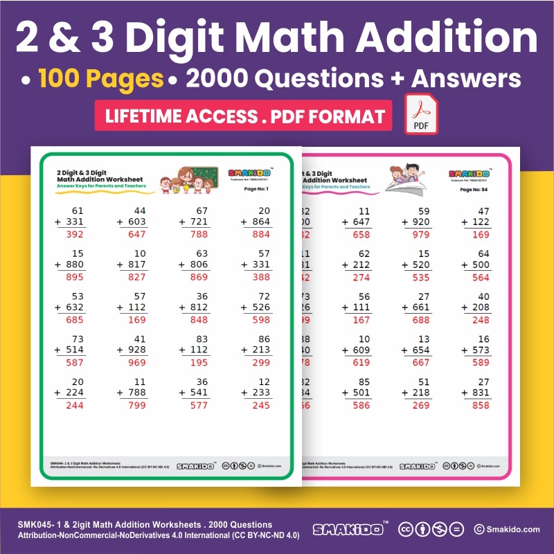 2000 Questions- Printable 2 & 3 Digit Math Addition Worksheets ️100 ...