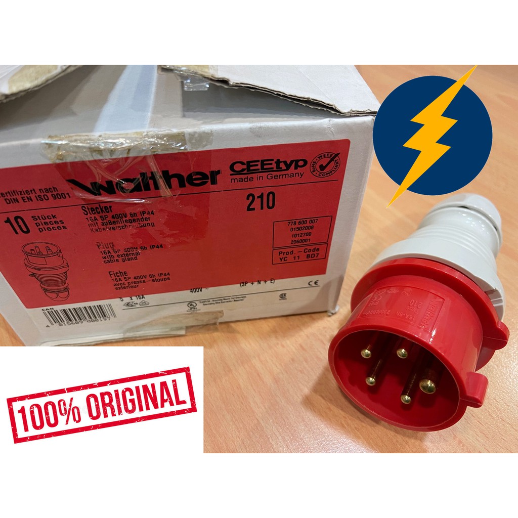 WALTHER 210 Pin & Sleeve Connector, 16 A, 400 V, Cable Mount, Plug, 3P ...