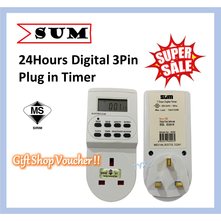 SUM 24hours Digital 3Pin Plug In Timer (Sirim Approved) | Shopee Malaysia