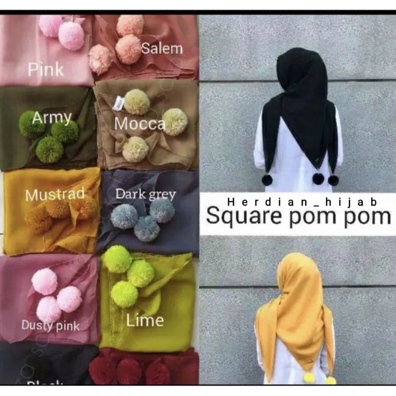 Bella pom pom Rectangular Hijab Complete Color/Complete Color pom-pom ...