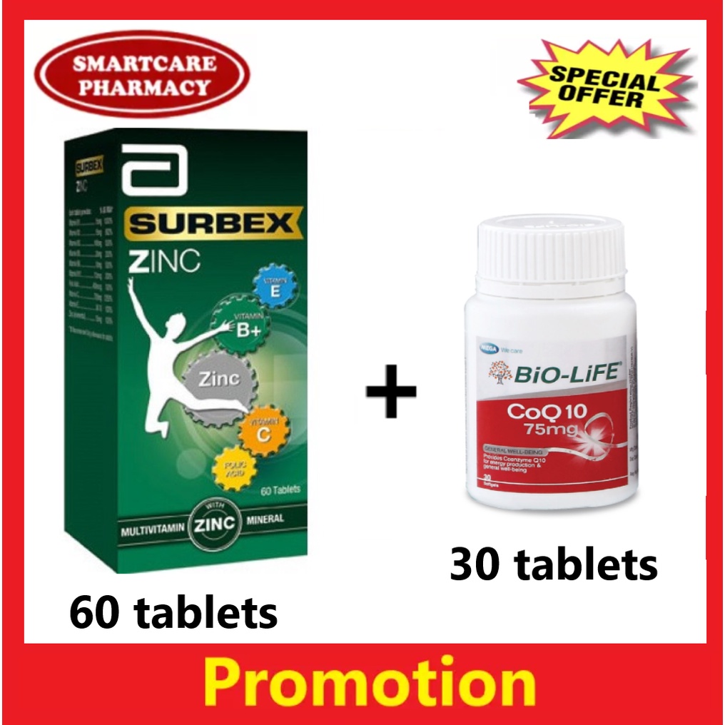 Abbott Surbex Zinc B-Plus 60 tablets + Bio-Life CoQ10 75mg (30's ...