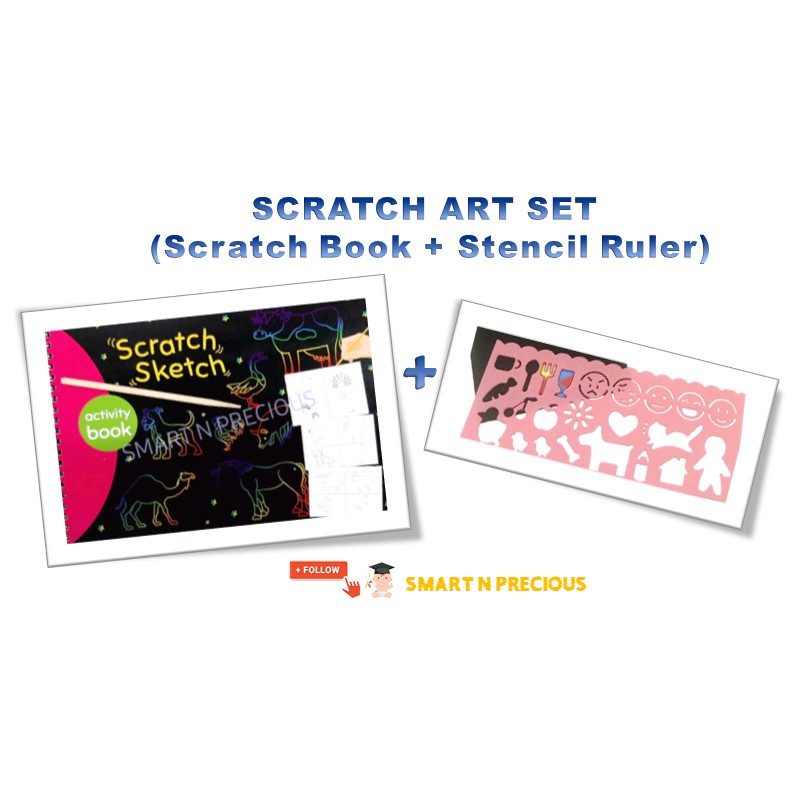 Colourful Scratch Art Set (Scratch Activity Colouring Book + Stencil ...