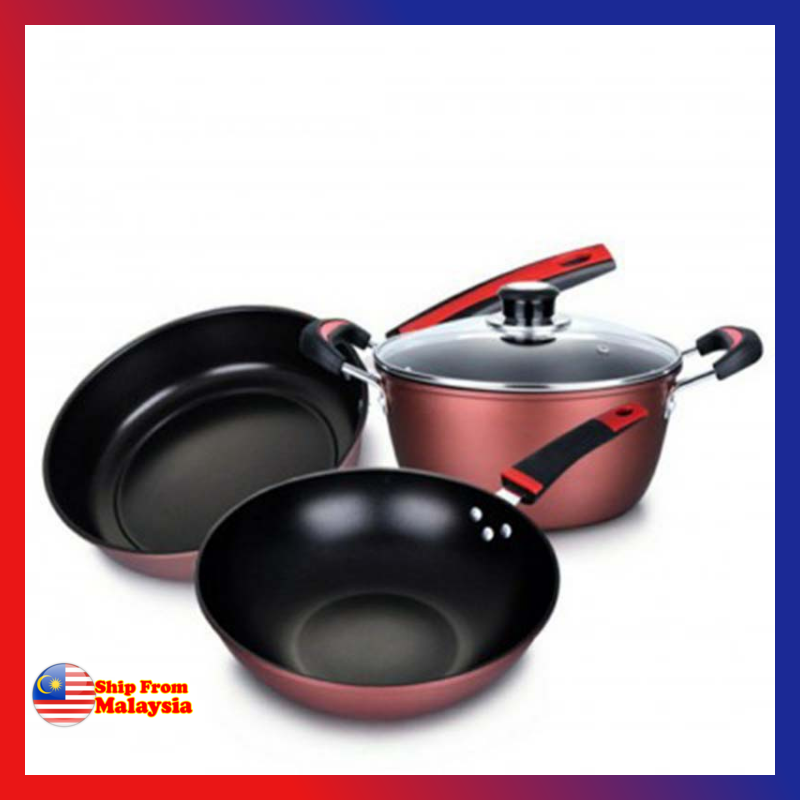 Set Of 3 Cookware Non-Stick Wok, Pot & Pan (3kg) - D’Azfar Power Shop ...