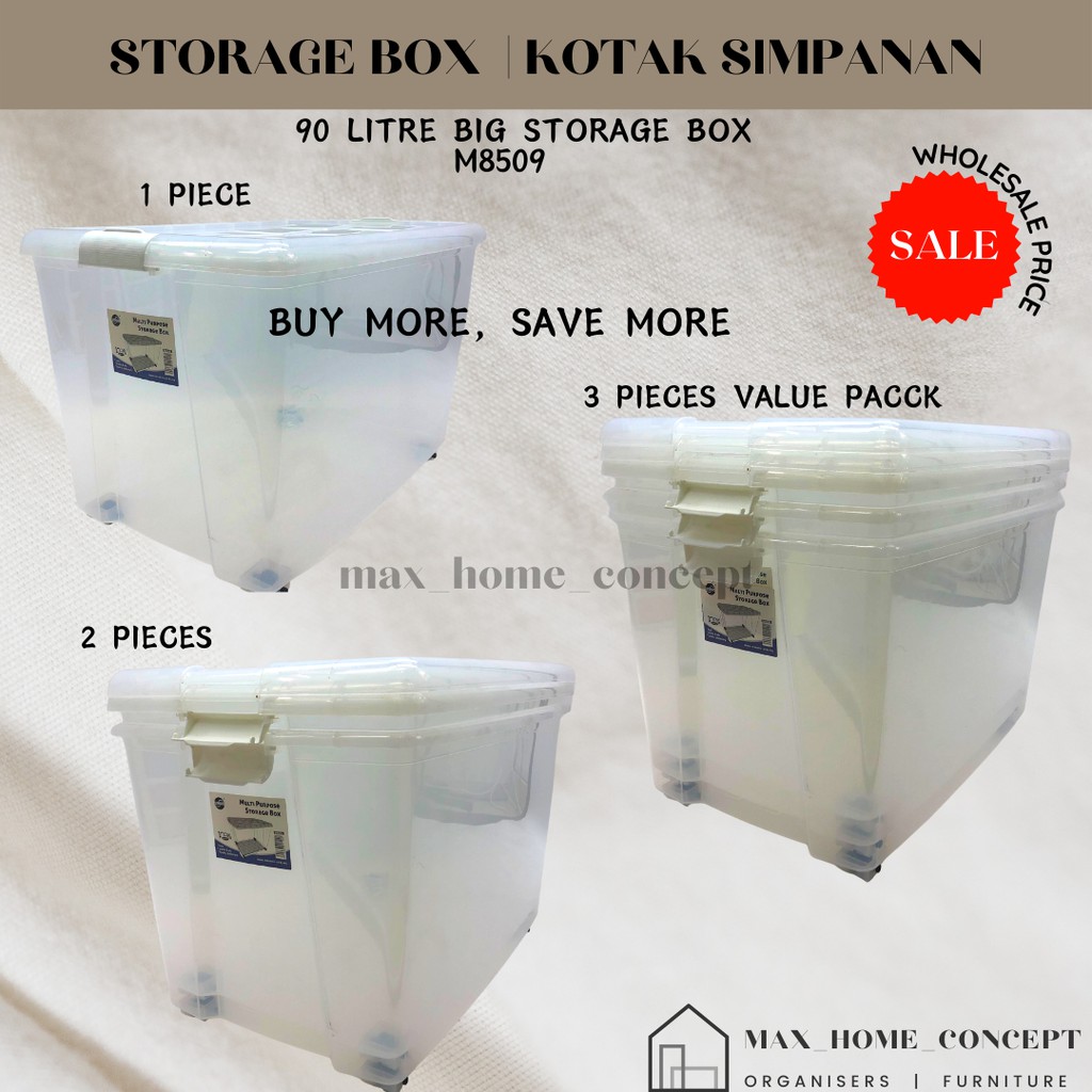 90L STORAGE BOX WITH WHEELS | TRANSPARENT HEAVY DUTY MULTIPURPOSE ...