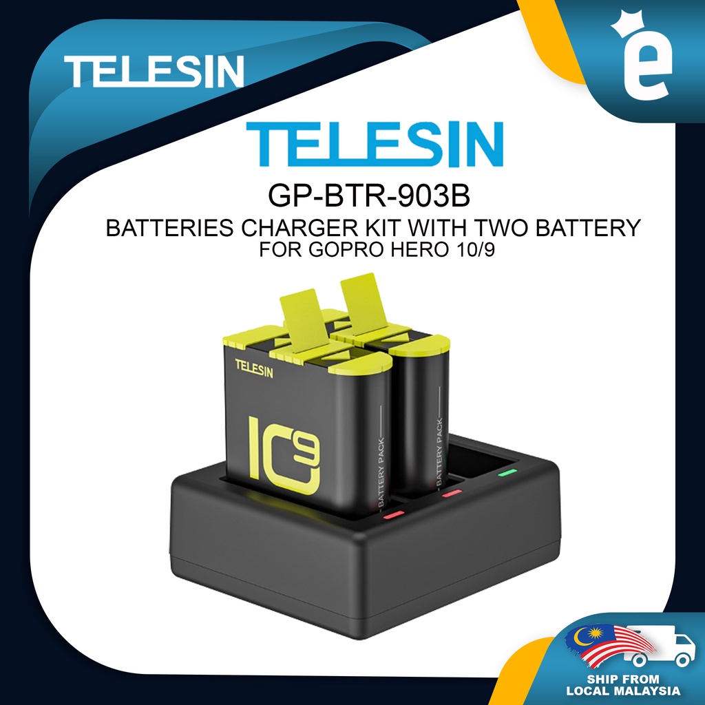 TELESIN GP-BTR-903-B For GoPro Hero 10/9 Batteries Charger Kit with Two Batteries Action Camera ...