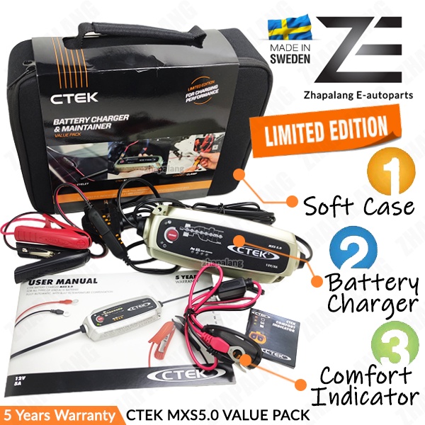 CTEK MXS 5.0 Value Pack Battery Charger + Comfort Indicator + Carry Bag MXS5.0 | Shopee Malaysia