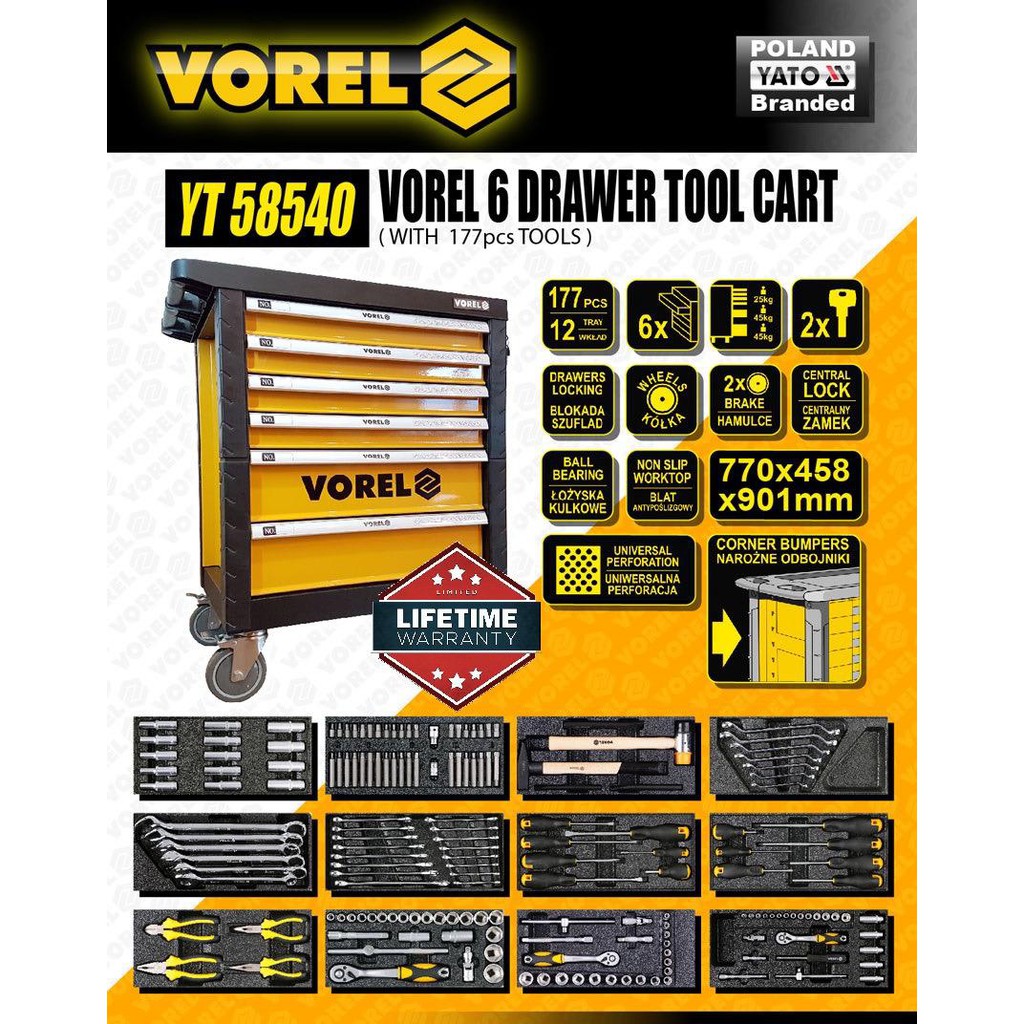 VOREL 6-DRAWER ROLLER TOOL CART WITH 177PCS TOOLS - YT-58540 | Shopee ...