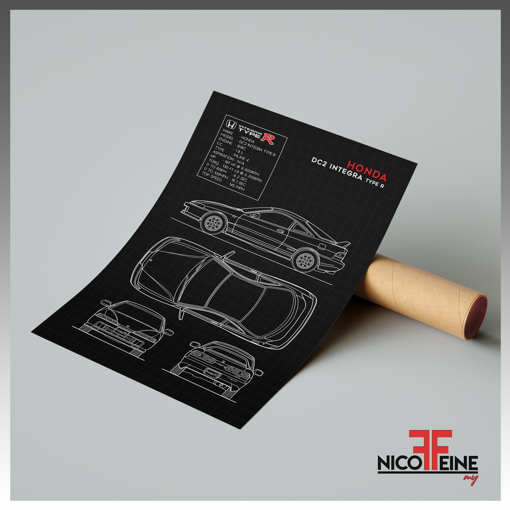 [Poster Only] Honda Integra DC2 Type R B18C Minimal Sport Car Blueprint ...