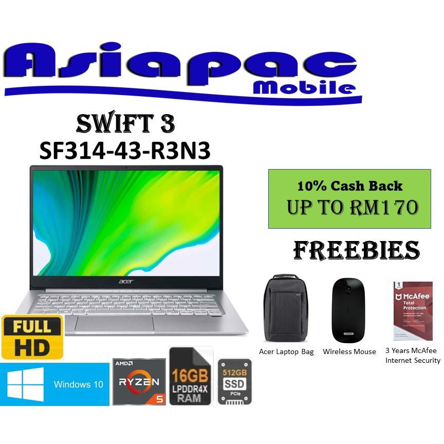 Acer Swift 3 Ryzen 5 Laptop 14" FHD SF314-43-R3N3 | R5-5500U | 16GB RAM ...