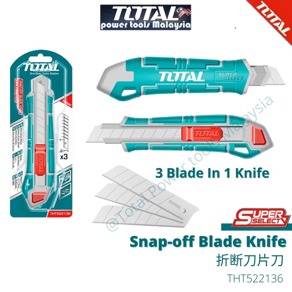 Total Snap Off Blade Utility Knife With Push Lock Button 18mm 100mm