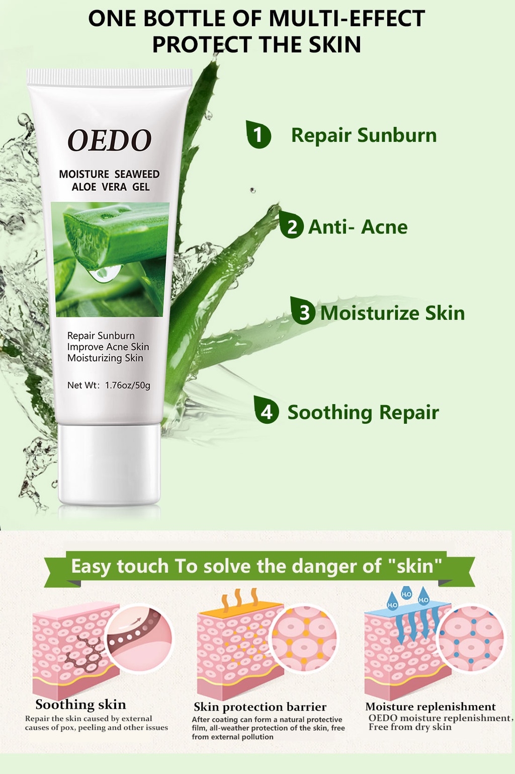 OEDO Seaweed Aloe Vera Gel Hydrating Whitening Cream (50g) | Shopee ...