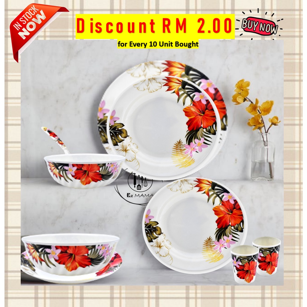 Set Melamine Plastic Plate Set Pinggan Plastik Murah Hibiscus Tableware ...
