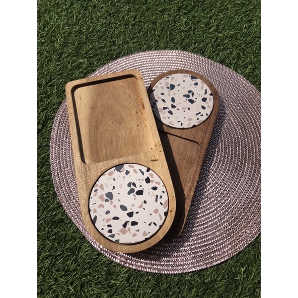 Rectangle Coaster Wooden Tray With Ceramic Round Tray | Shopee Malaysia