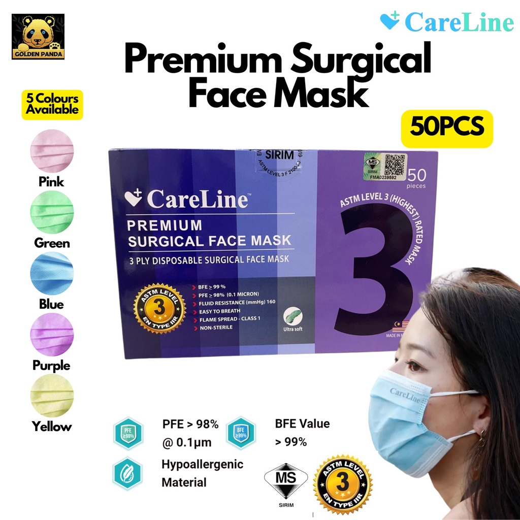Disposable Premium Surgical Face Mask 3 Ply/Careline Ear Loop Mask/ 50 ...