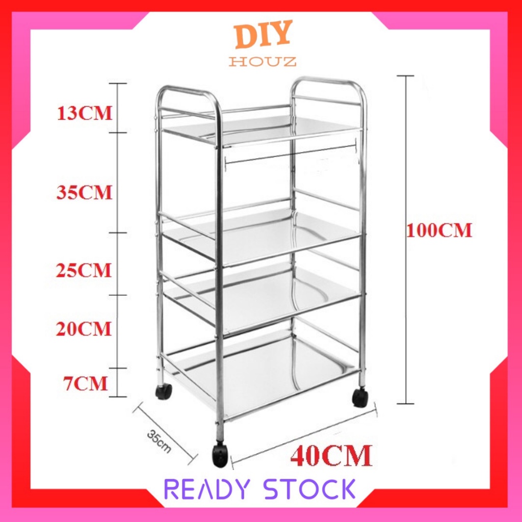 4 TIER X 40CM STAINLESS STEEL MULTI PURPOSE TROLLEY RACK WITH ROLLER ...