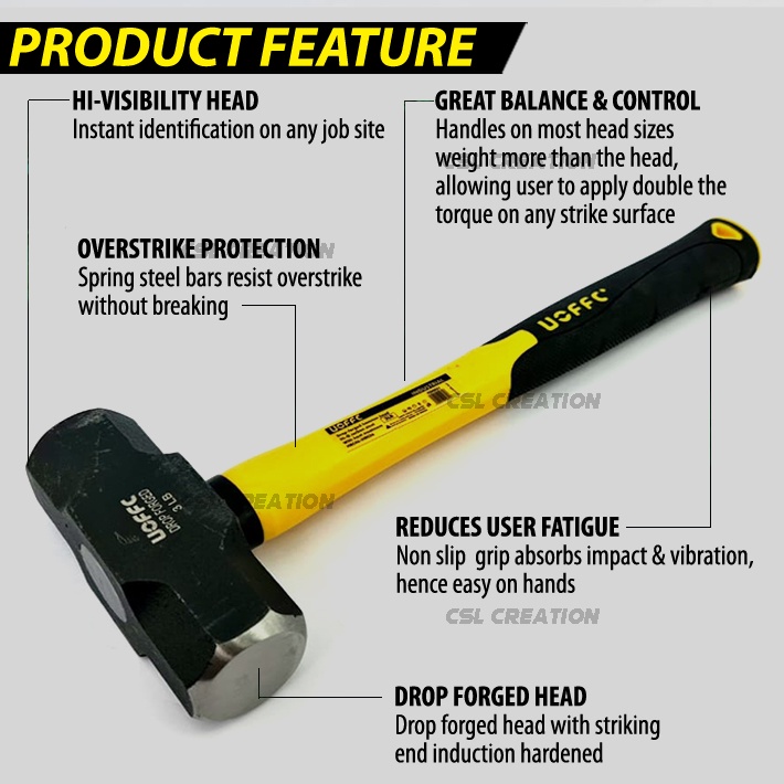 UOFFC 2LB 3LB SLEDGE HAMMER DEMOLITION HAMMER DROP FORGED STEEL HEAD ...