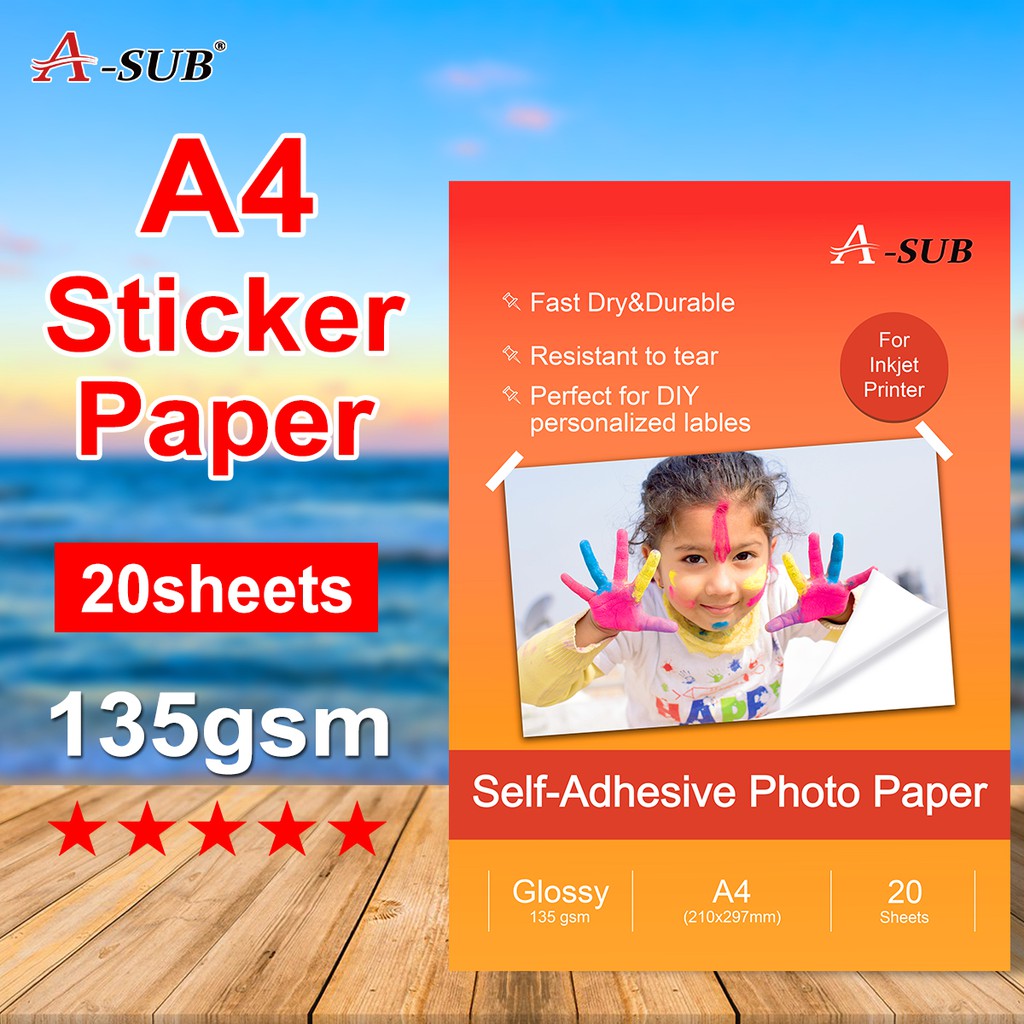 A-SUB A4 135gsm Glossy Inkjet Coated Photo Self-Adhesive Paper Sticker ...