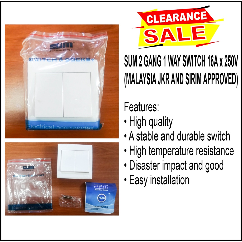 SUM 2 GANG 1 WAY SWITCH 16A x 250V - MALAYSIA JKR AND SIRIM APPROVED | Shopee Malaysia