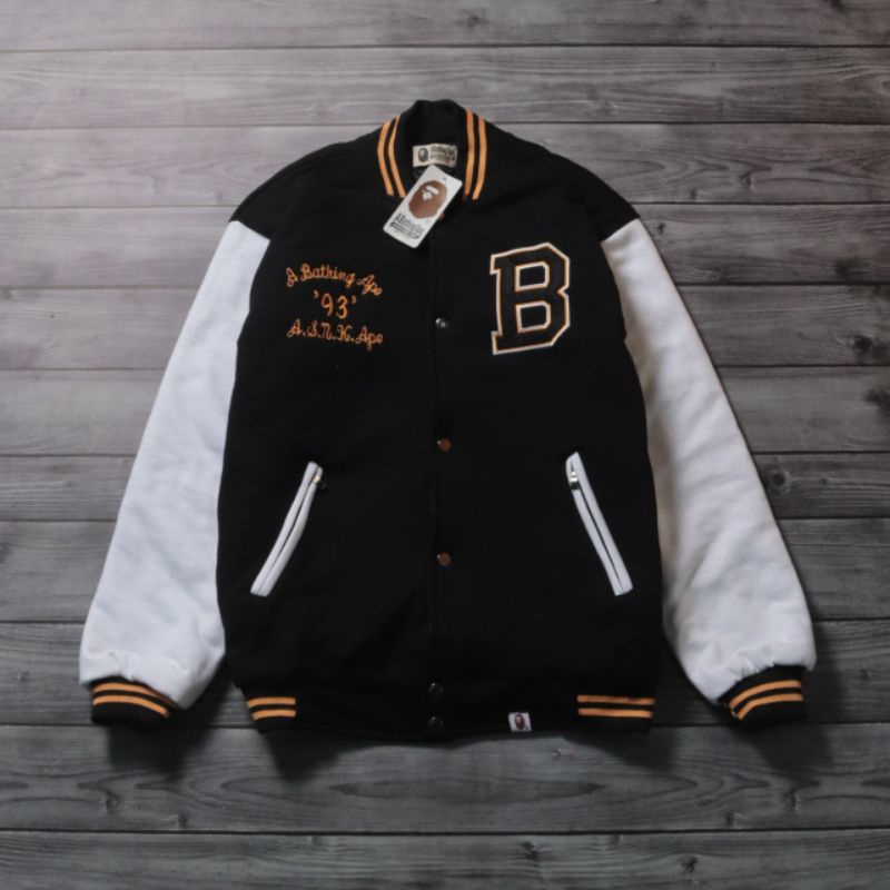 HITAM PUTIH Varsity JACKET BAPE A BATHING APE 93 Embroidery Black ...