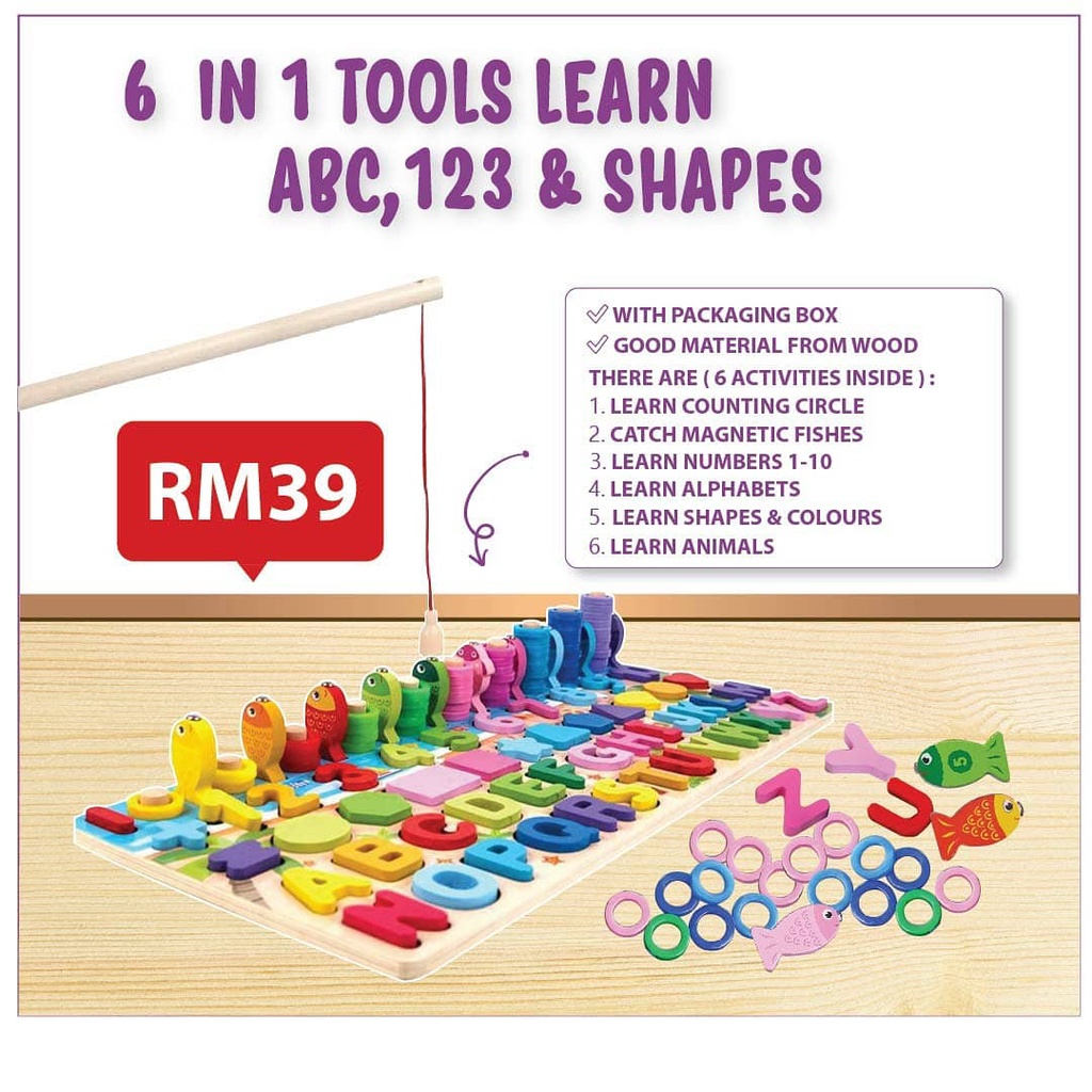 6 in 1 tools learning alphabet Abc, numbers 123 and shapes wooden toy ...