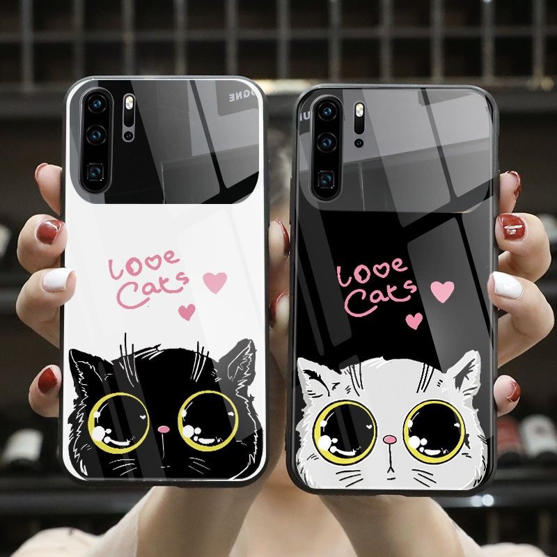 Phone Glass Case Huawei Couple Mirror Love Cats Mate 30 30Pro P20 ...