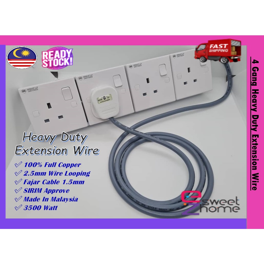 100% Full Copper 4 Gang Extension Wire Heavy Duty Extension Wire 13A ...