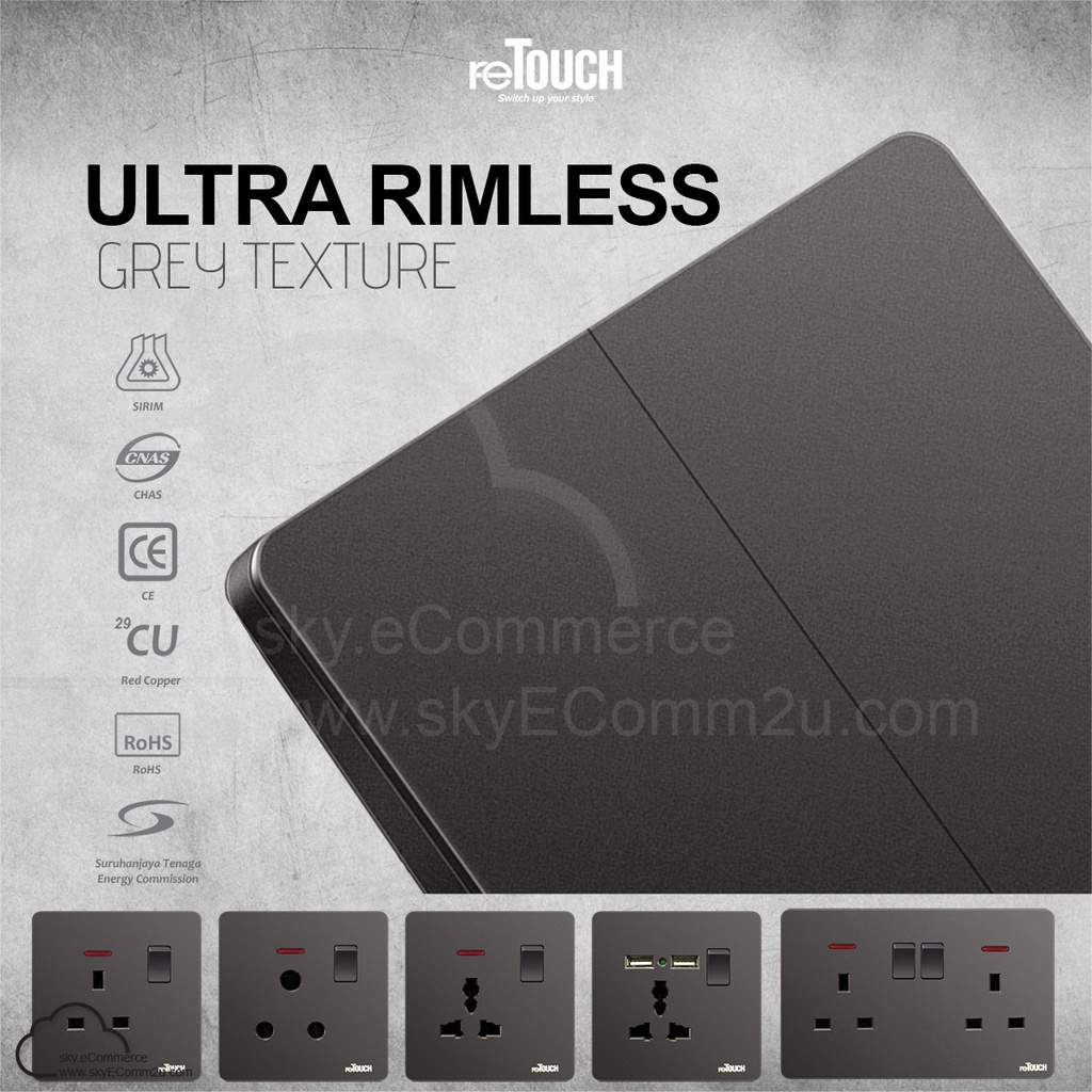 reTouch Matte Grey Ultra Rimless Switch 13A 15A Big Rocker Universal ...