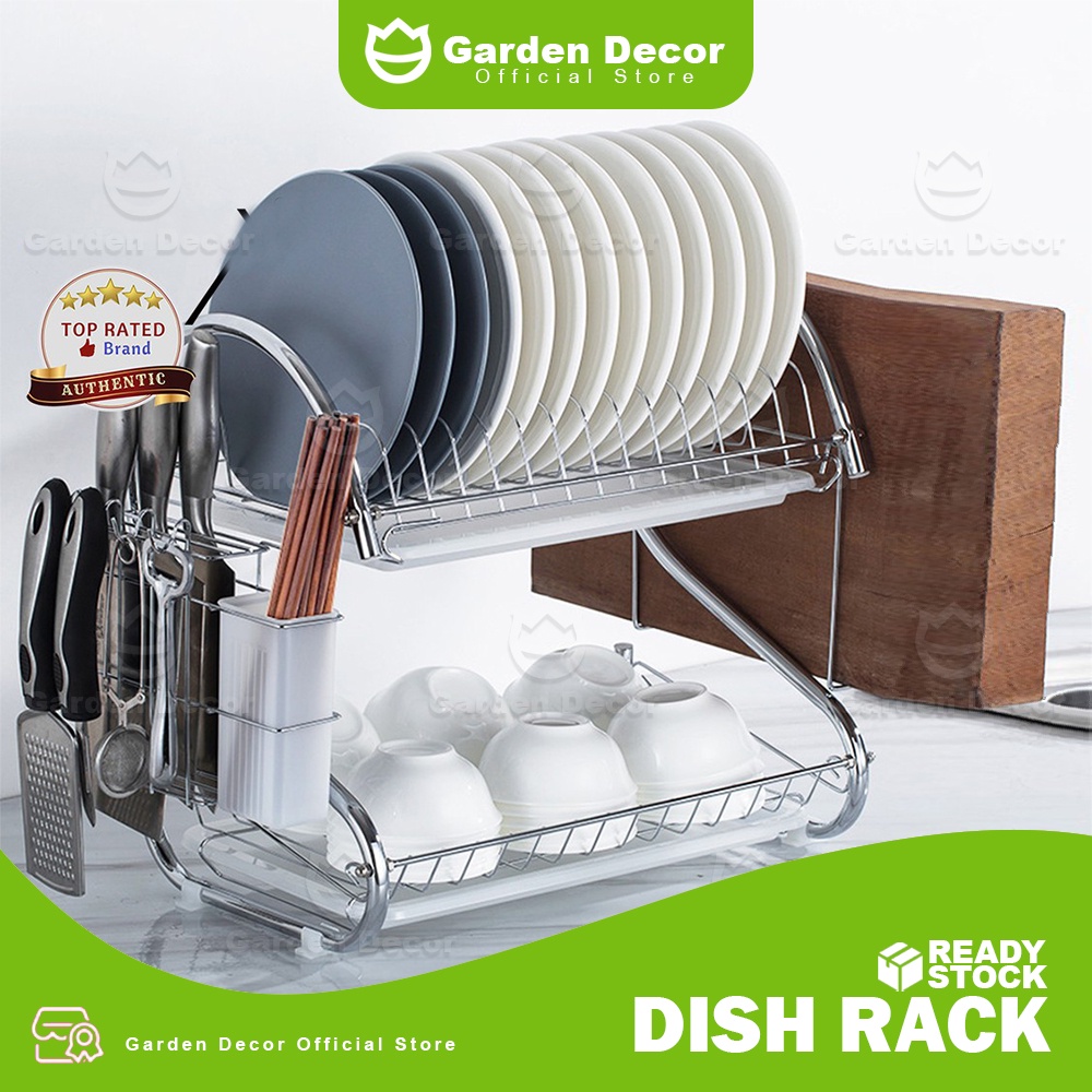 Stainless Steel 2 Layer S Shape Dish Rack Set with Tray Kitchen Rack ...
