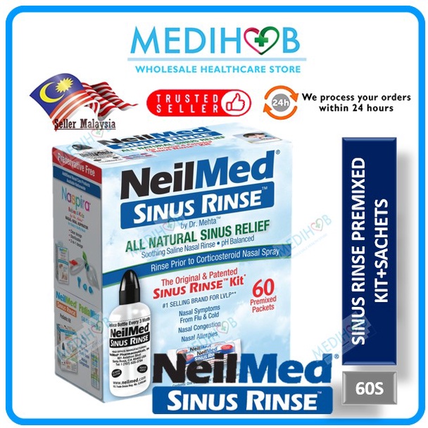 NEILMED SINUS RINSE STARTER KIT ADULTS 60S PREMIXED PACKETS (EXP04/2027 ...