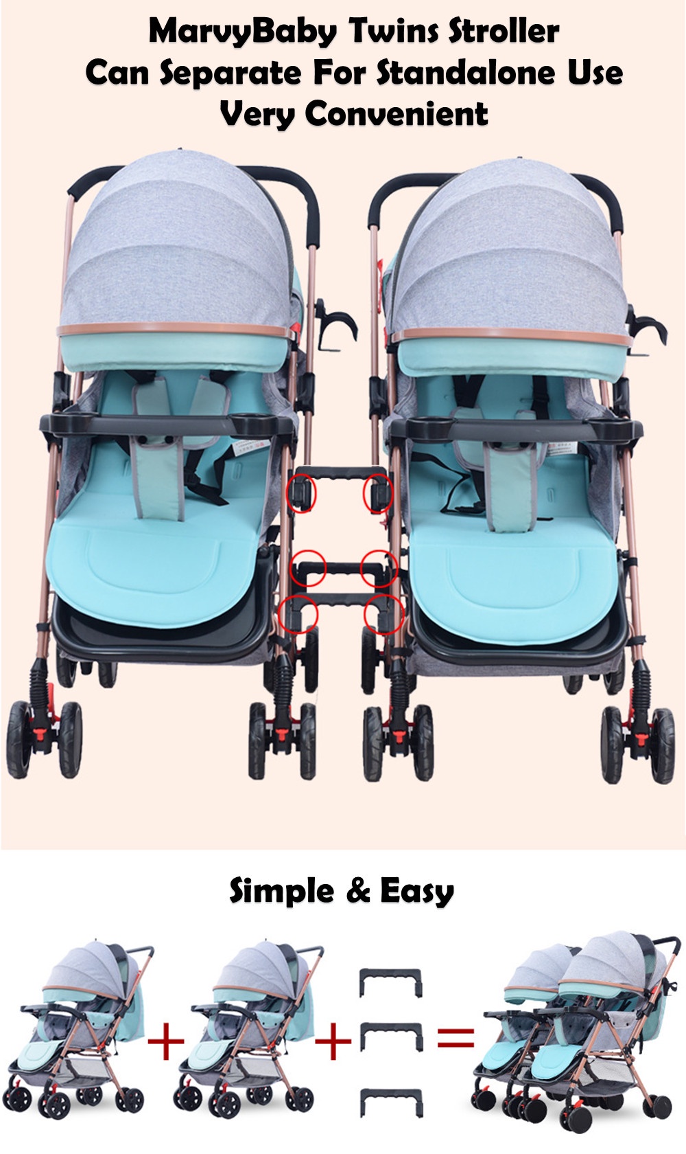 MarvyBaby HY6603 Luxury Separable Twin Twins Stroller 2 Two Way Facing ...