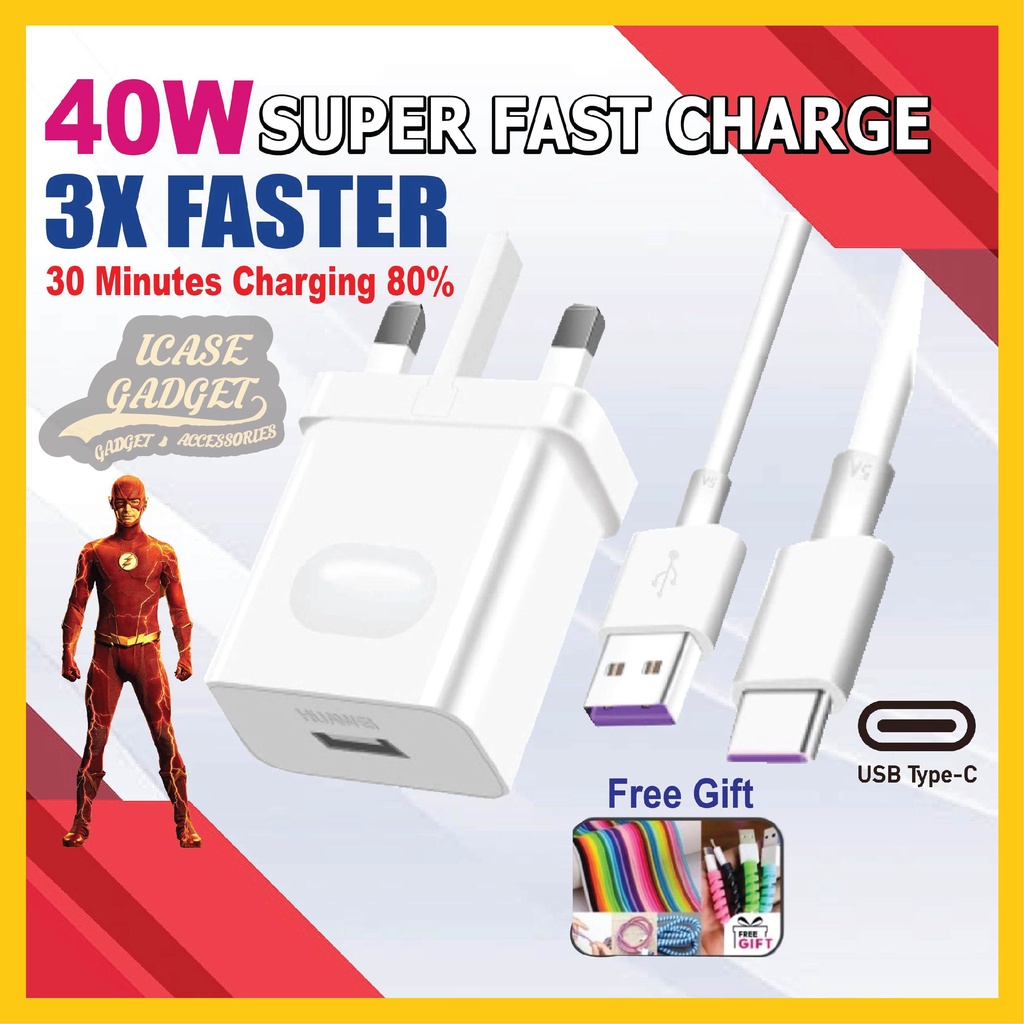 [ORIGINAL] 40W Huawei Fast Charger Type C Cable Android 5A Travel ...