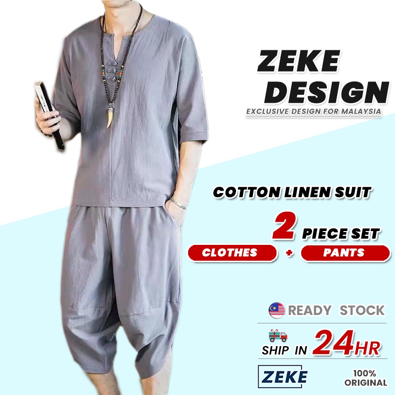 ZEKE Men Kurta Cotton Linen Suit 4/3 Sleeve Oversized T-Shirt And ...