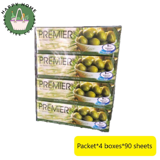 Premier 100% Pulp Tissue Box (Packet x 4 boxes x 90 sheets x 1 ply ...