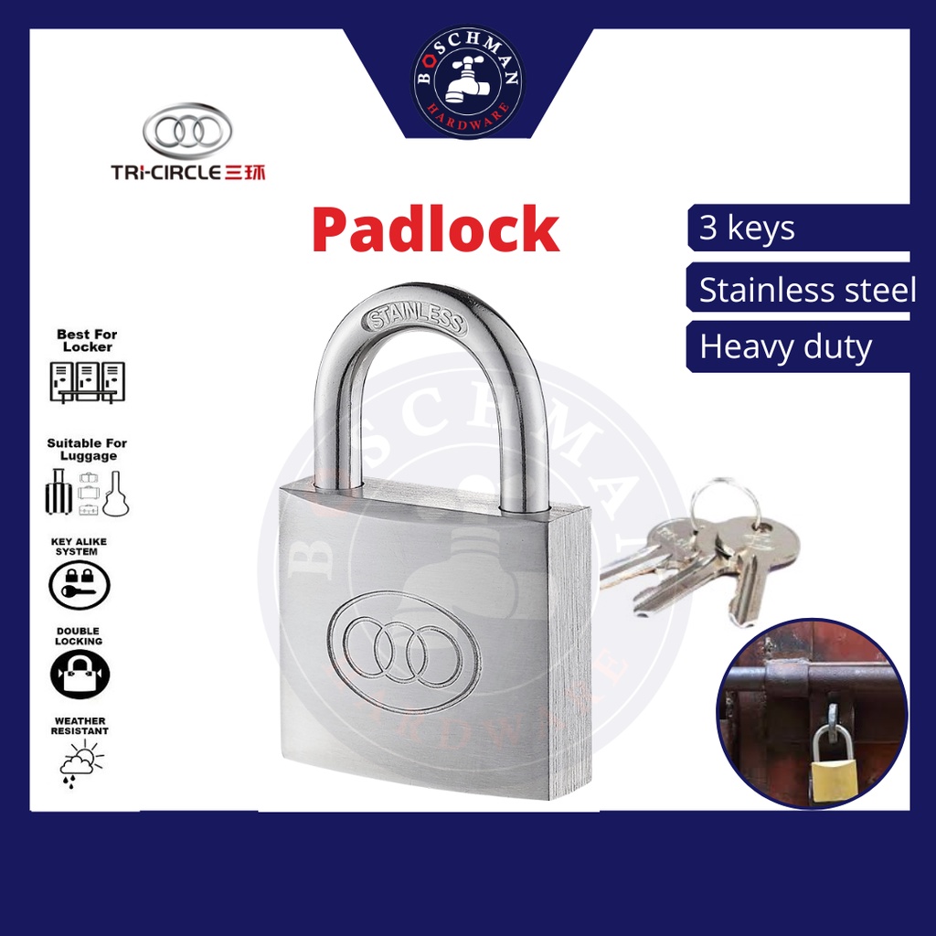 Tri-Circle Solid Stainless Steel Padlock Anti Rust Heavy Duty Security ...